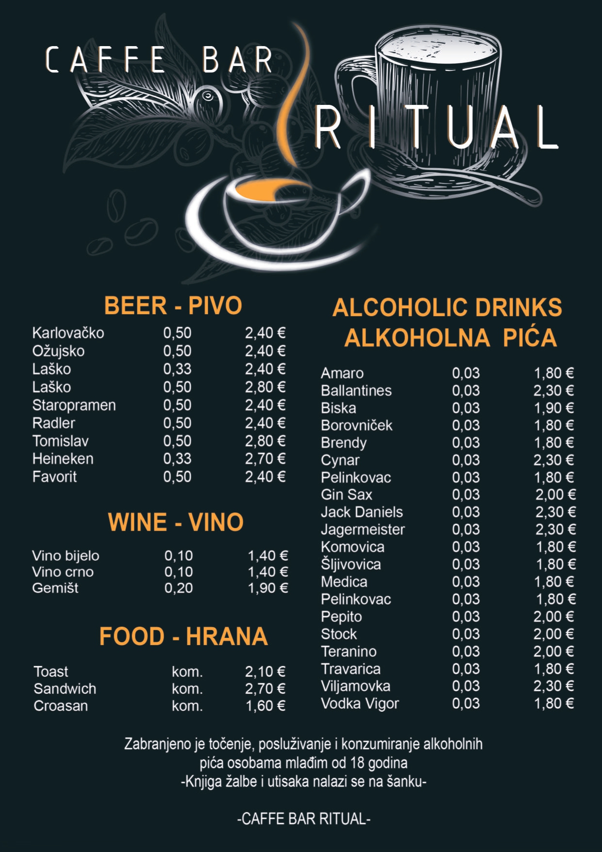 Pricelist – Caffe bar Ritual Pula