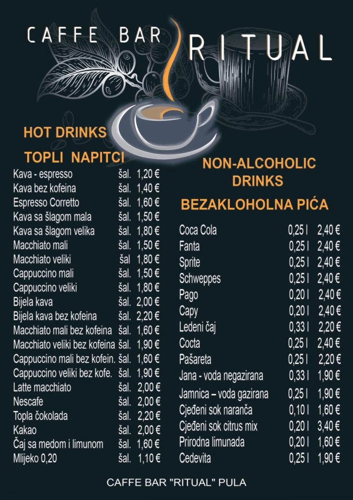 Pricelist – Caffe bar Ritual Pula